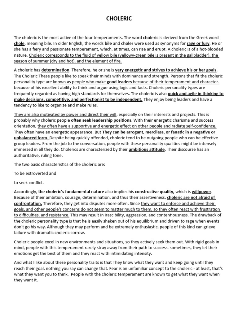 CHOLERIC | PDF | Temperament | Personality Type