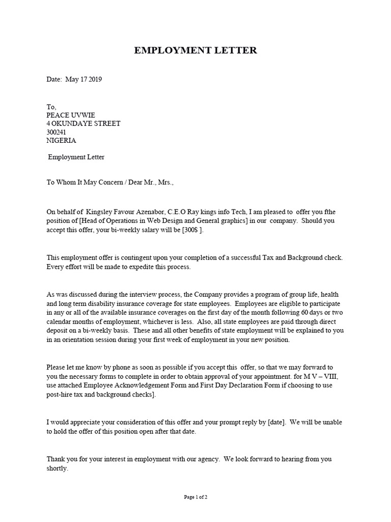 Conditional Offer of Employment Letter 2 | PDF