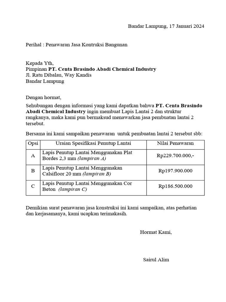 Surat Penawaran Ke CBA Dan RAB | PDF