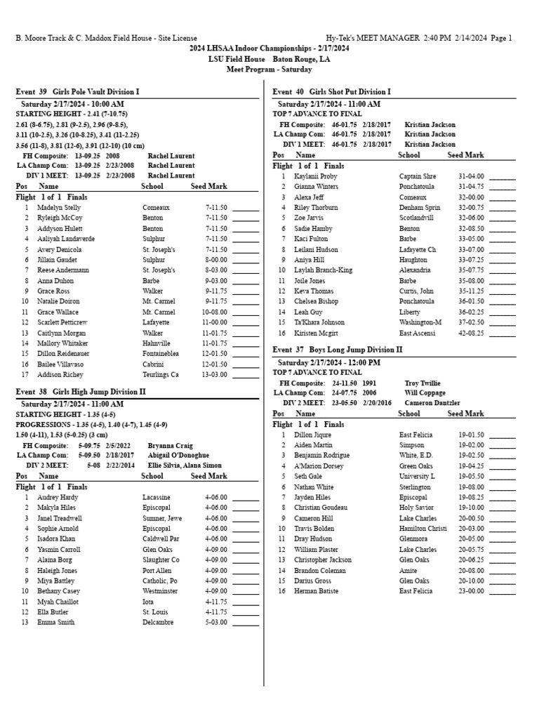 LHSAA State Indoor Meet Heat Sheets | PDF