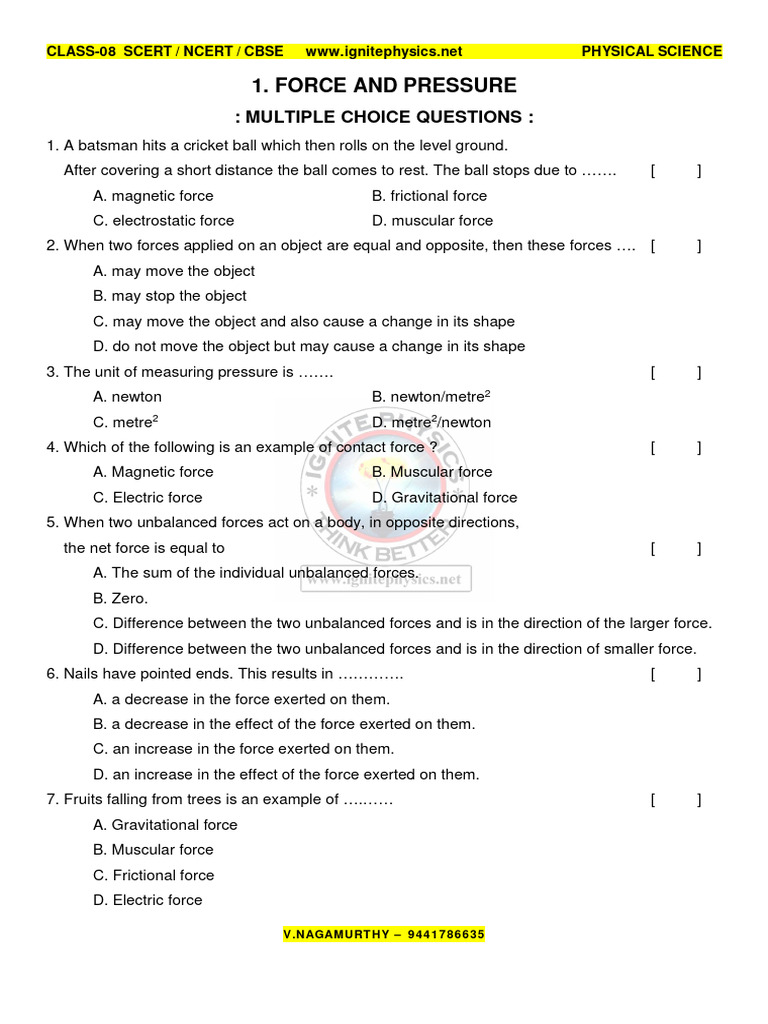 Class 8 Science: Force & Pressure Quiz | PDF | Force | Friction