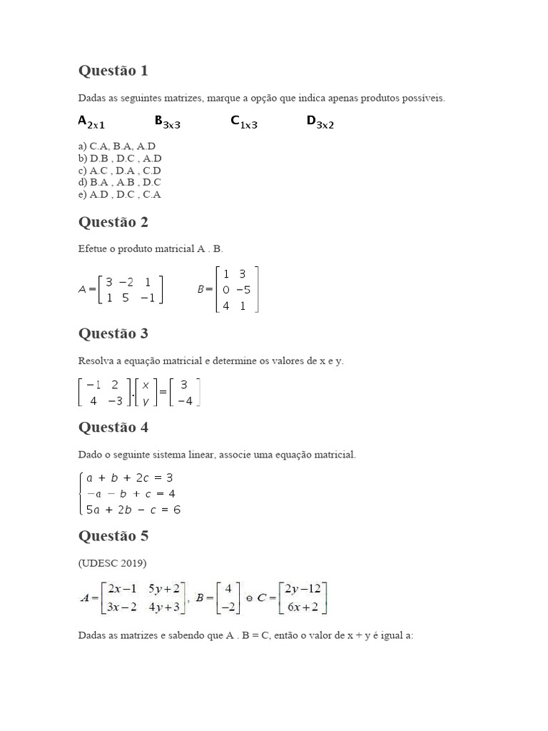 Atividade Matemática Matrizes | PDF