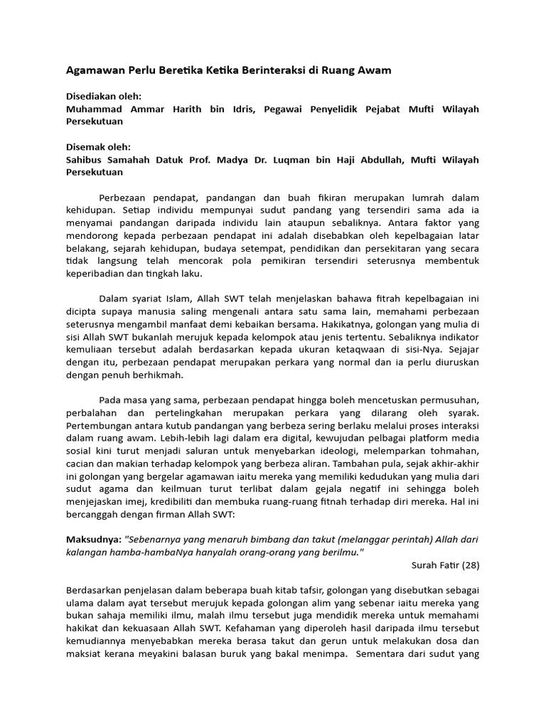 Artikel19122023 - Etika Agamawan Ketika Interaksi Di Ruang Awam (Final) | PDF