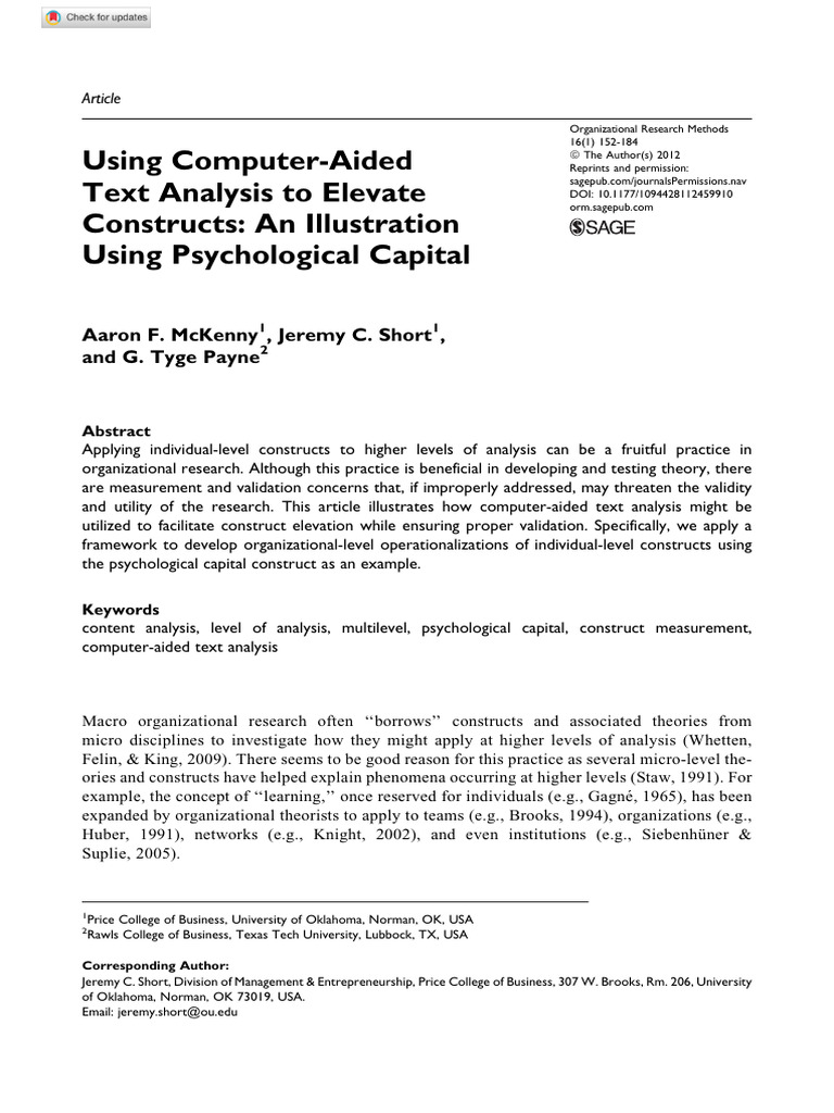 Ing Using Computer Aided Text Analysis To Elevate Constructs Mckenny 2012 Pdf Validity