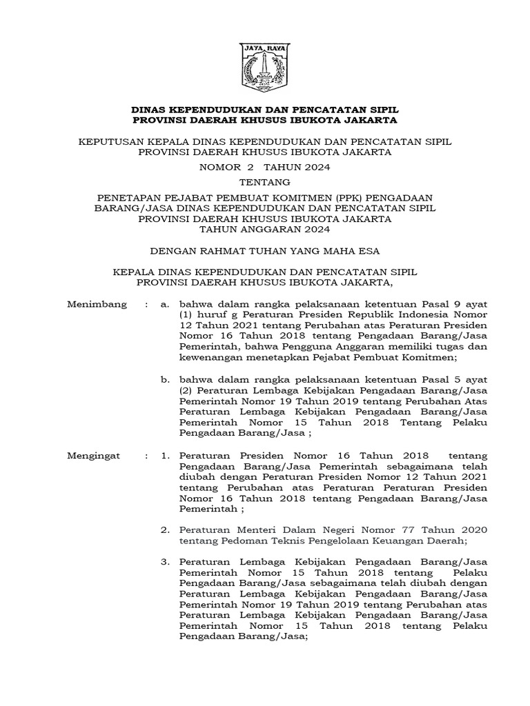 SK Kadis Dukcapil No 2 Tahun 2024 Tentang PPK TA 2024 - Stamp | PDF