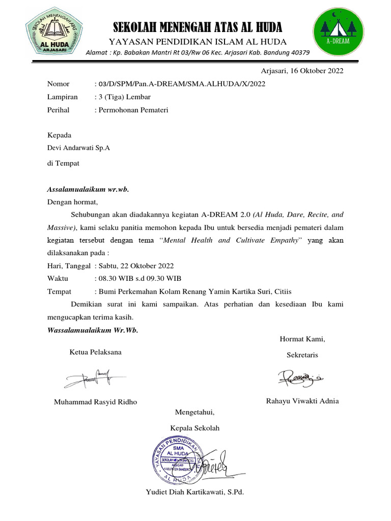 Surat Permohonan Pemateri Bu Devi | PDF