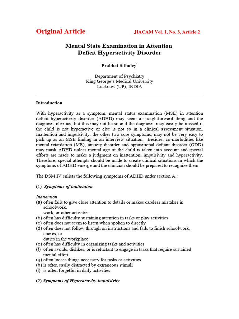 Sitholey 2005 Mental State Examination in Attention Deficit Hyperactivity Disorder | PDF ...