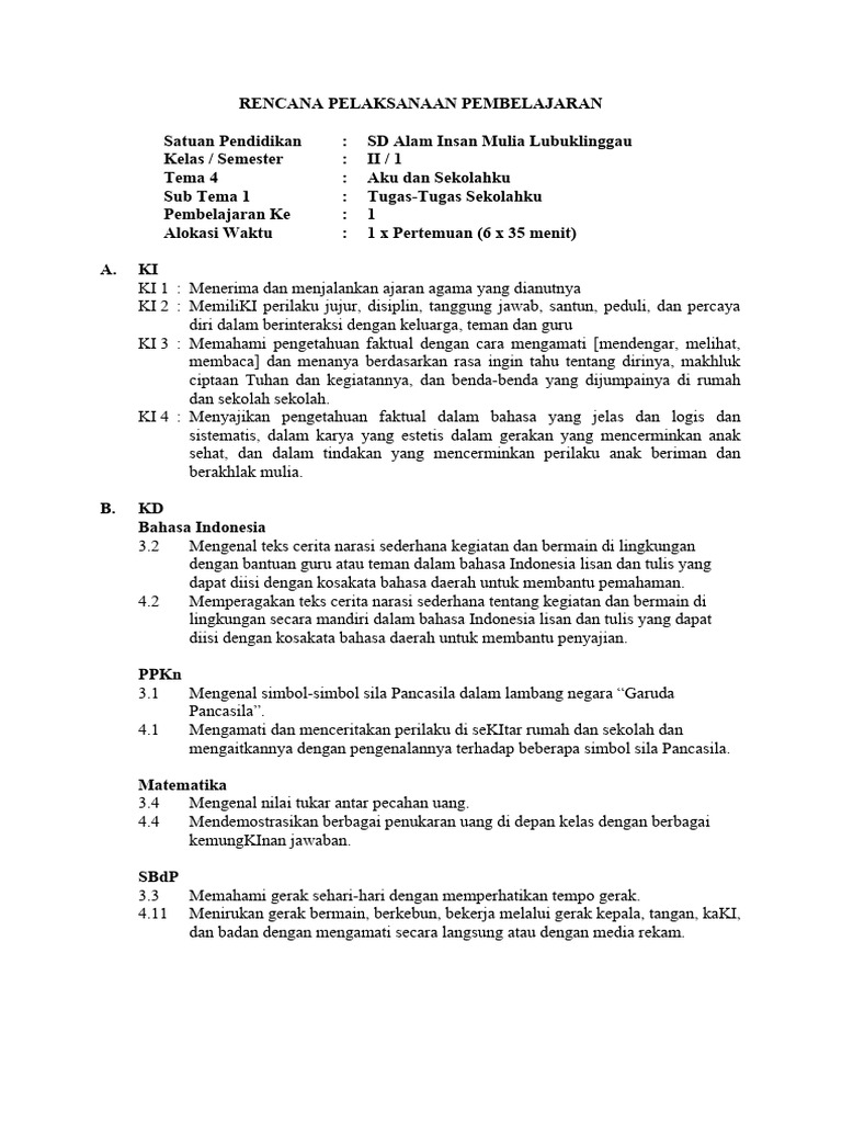 [4] Rpp Sd Kelas 2 Semester 1 - Aku Dan Sekolahku | PDF