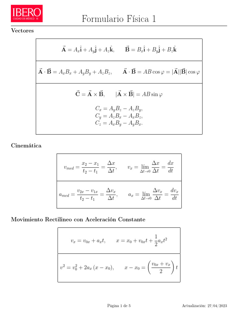 Formulario Física 1 | PDF | Ingeniería mecánica | Mecánica