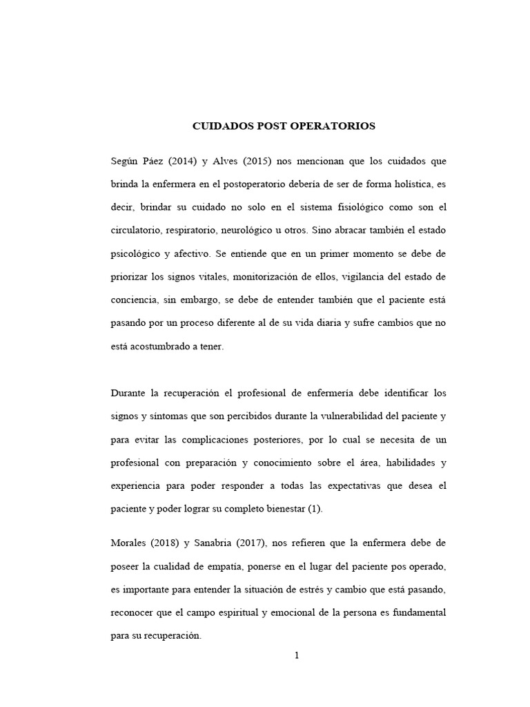 Cuidados Post Operatorios | PDF | Enfermería | Paciente