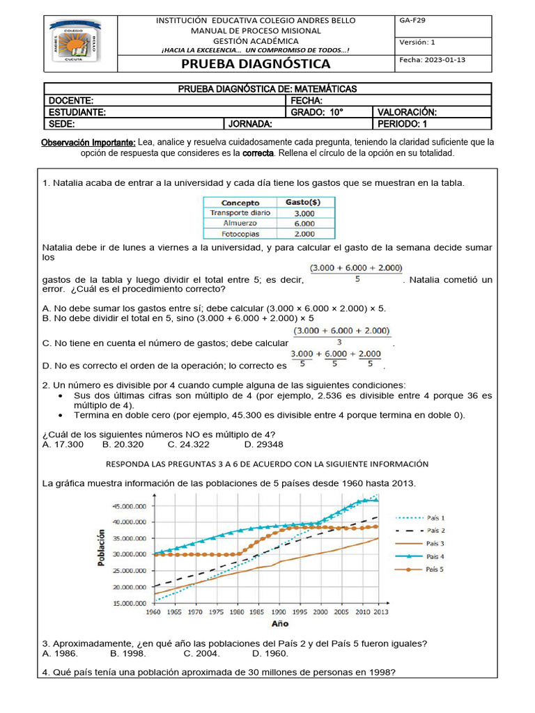 Prueba Diagnostica de Matematicas Grado Decimo 2024 | PDF | Aluminio ...