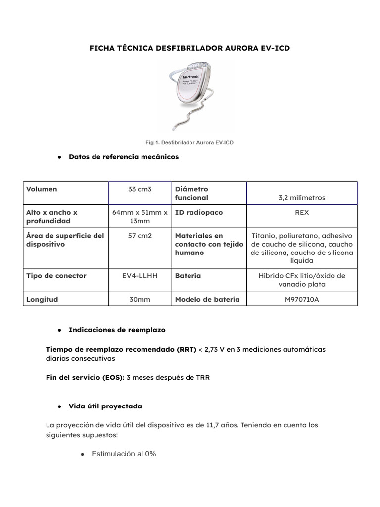 Ficha Técnica Desfibrilador Aurora Ev-Icd | PDF | Materiales | Materiales de construcción