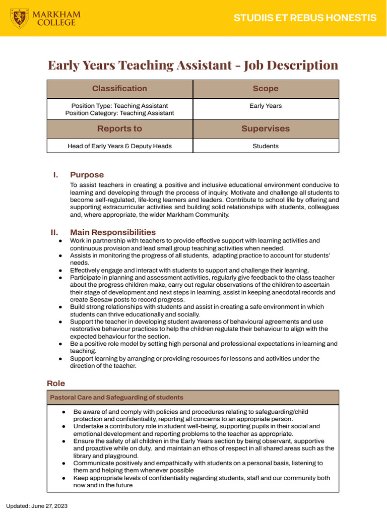 Early Years Teaching Assistant Role | PDF | Teachers | Academic Degree