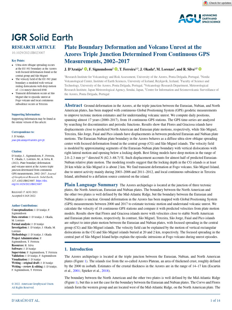 JGR Solid Earth - 2022 - D'Araújo - Plate Boundary Deformation and Volcano Unrest at The Azores ...