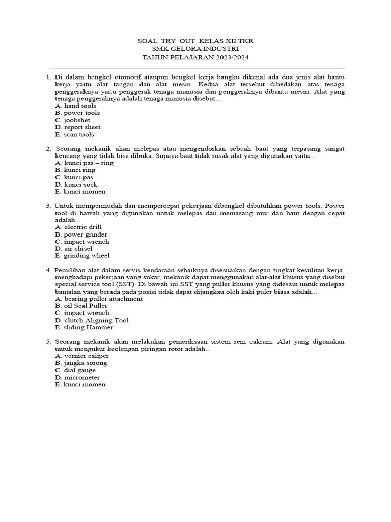 Soal Try Out Kelas Xii TKR SMK Gi 2023-2024 | PDF