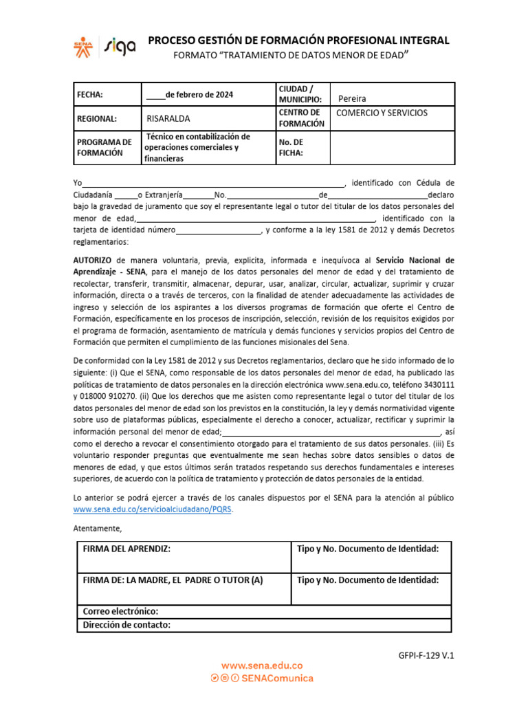 GFPI-F-129 Formato Tratamiento de Datos Menor de Edad | PDF | Finanzas y dinero