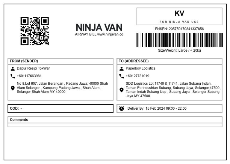 From (Sender) To (Addressee) : For Ninja Van Use | PDF