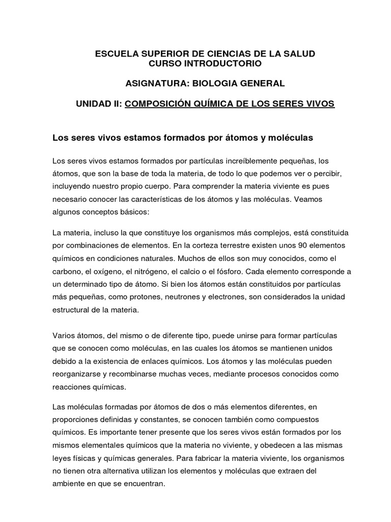 Biología Unidad 2.-Composición Química de Los Seres Vivos | PDF | Propiedades del agua | Moléculas