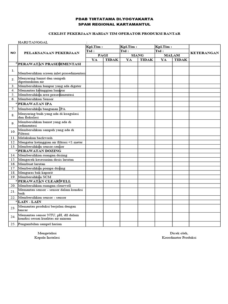 Ceklist Pekerjaan Harian Operator Produksi | PDF | Teknologi & Rekayasa