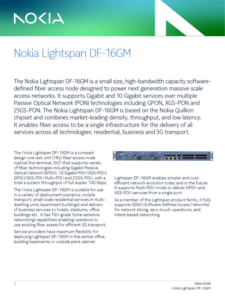 Nokia Lightspan DF-16GM Datasheet | PDF | Service Industries | Telecommunications