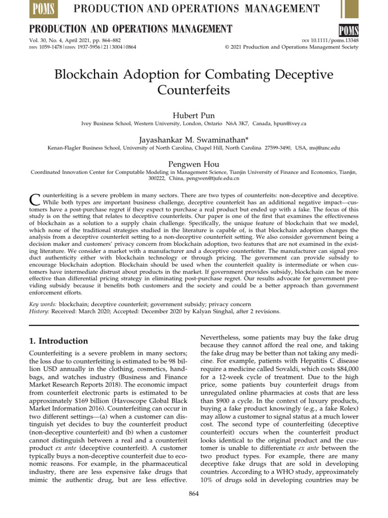 Blockchain Adoption For Combating Deceptive Counterfeits | PDF | Counterfeit | Pricing