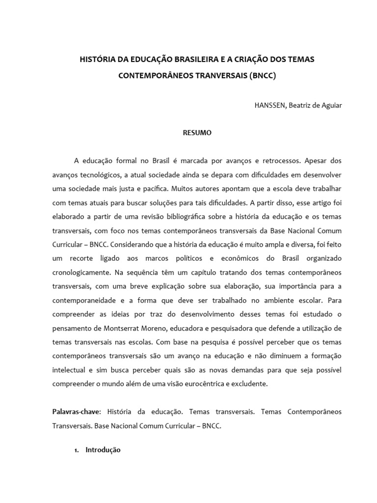 História Da Educação Brasileira e A Criação Dos Temas Contemporâneos ...