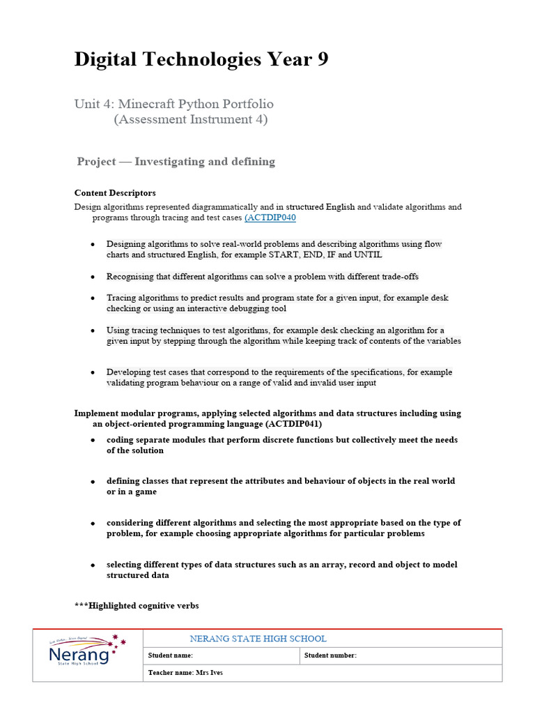 Year 9 Minecraft Python Project | PDF | Control Flow | Computer Program