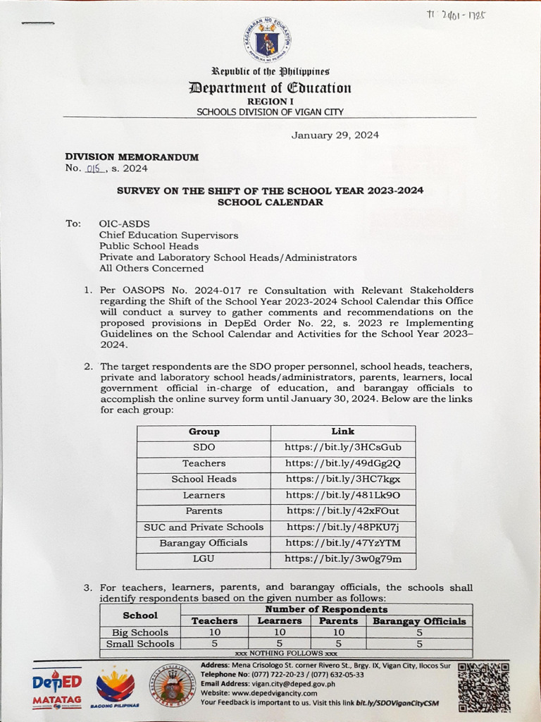 DM 015 s.2024 Survey On The Shift of The SY 2023 2024 School Calendar | PDF
