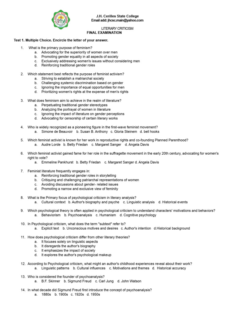 Literary Criticism Exam Overview | PDF | Psychoanalysis | Psychology