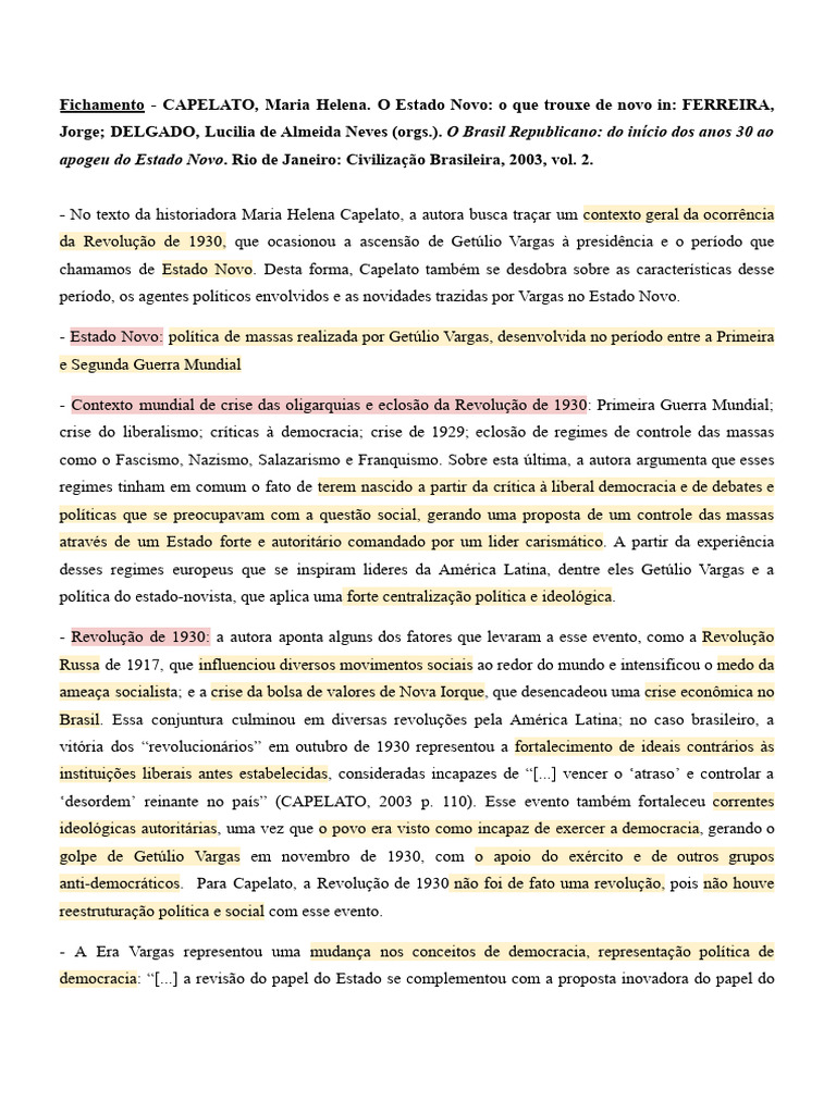 CAPELATO, Maria Helena. O Estado Novo o que trouxe de novo. | PDF ...