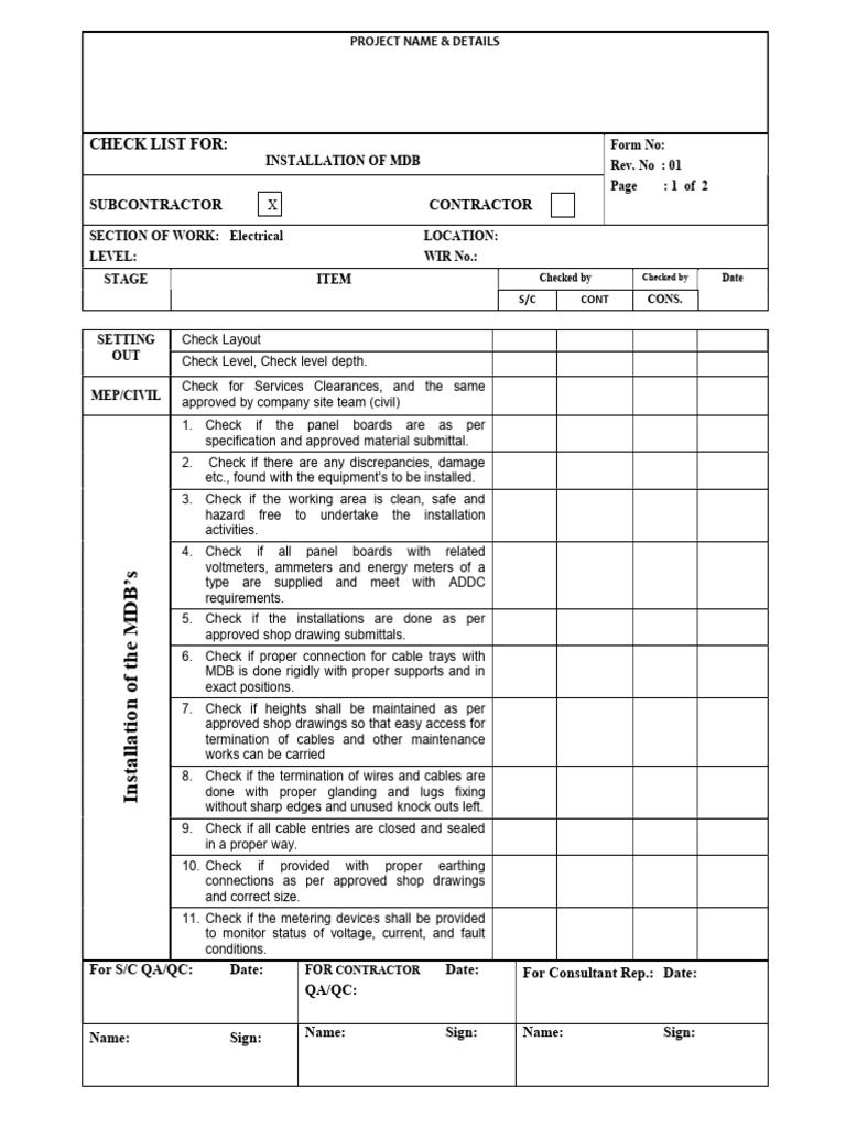 Check List For MDB Installation | PDF | Electrical Components ...