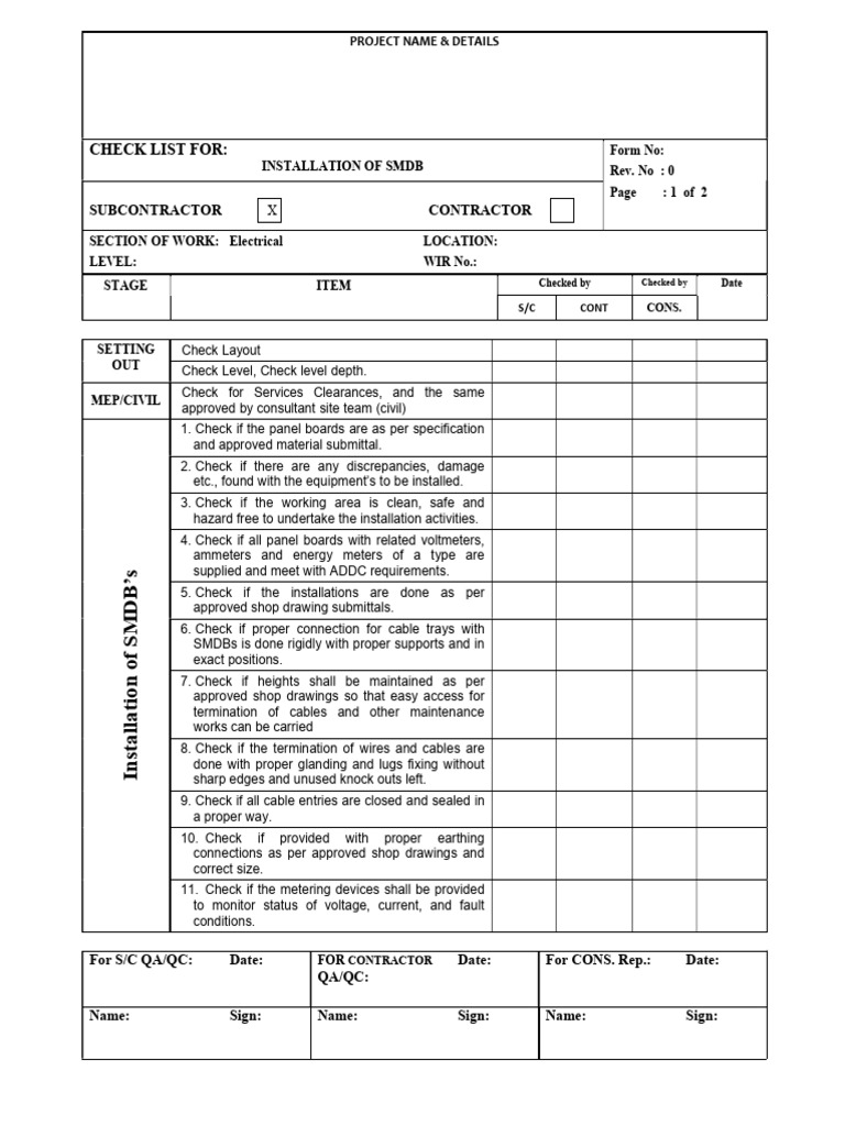 Check List For Sub Main Distribution Board Installation | PDF | Civil ...