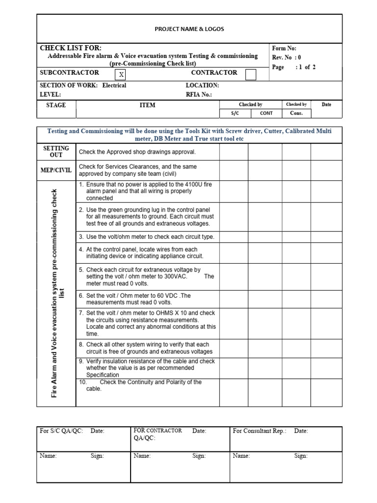 Pre Commissioning Check List For Addressable Fire Alarm Voice