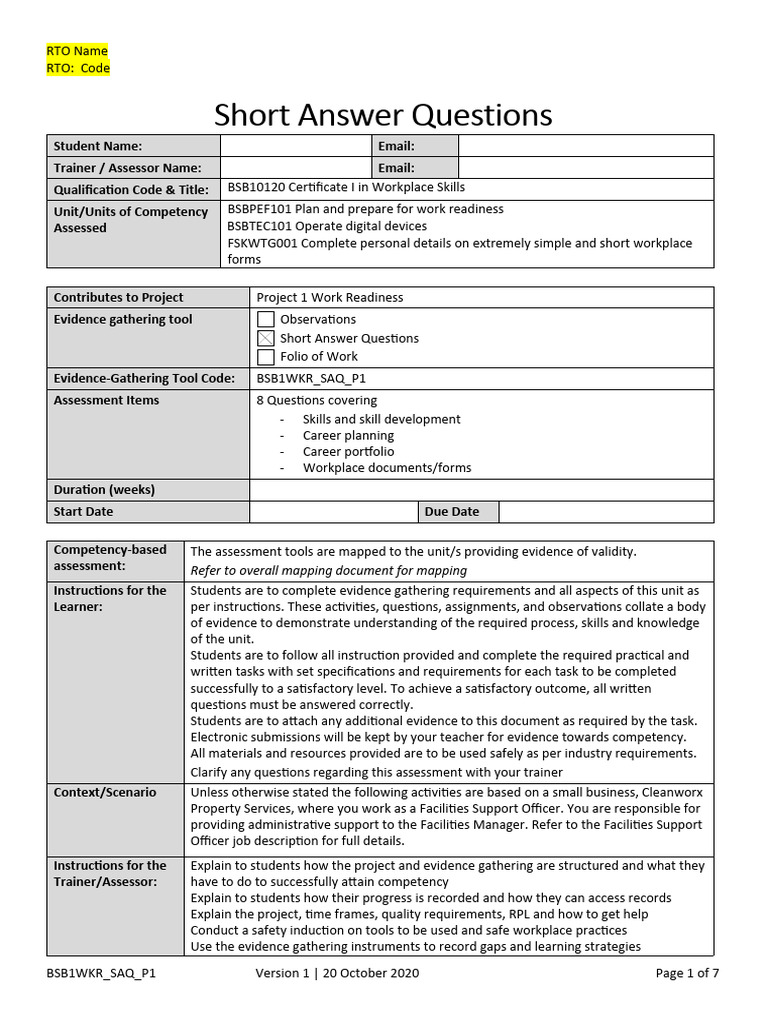 Short Answer Questions BSB1WKR_SAQ_P1 | PDF | Learning | Internet
