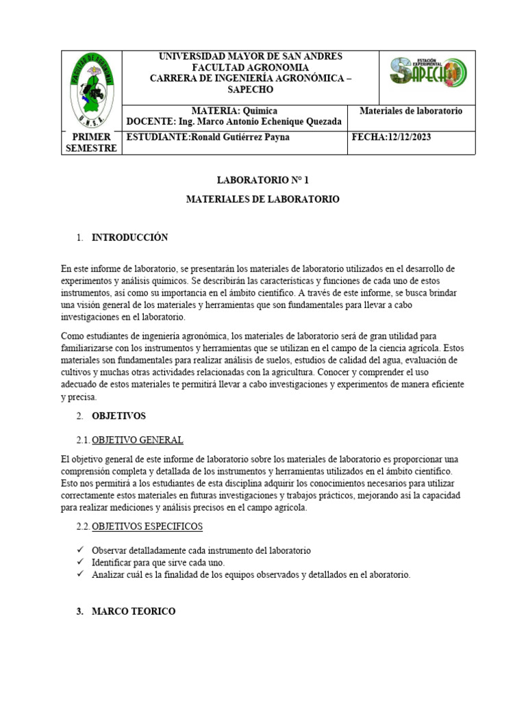 Informe Laboratorio Quimica Pdf Laboratorios Lentes