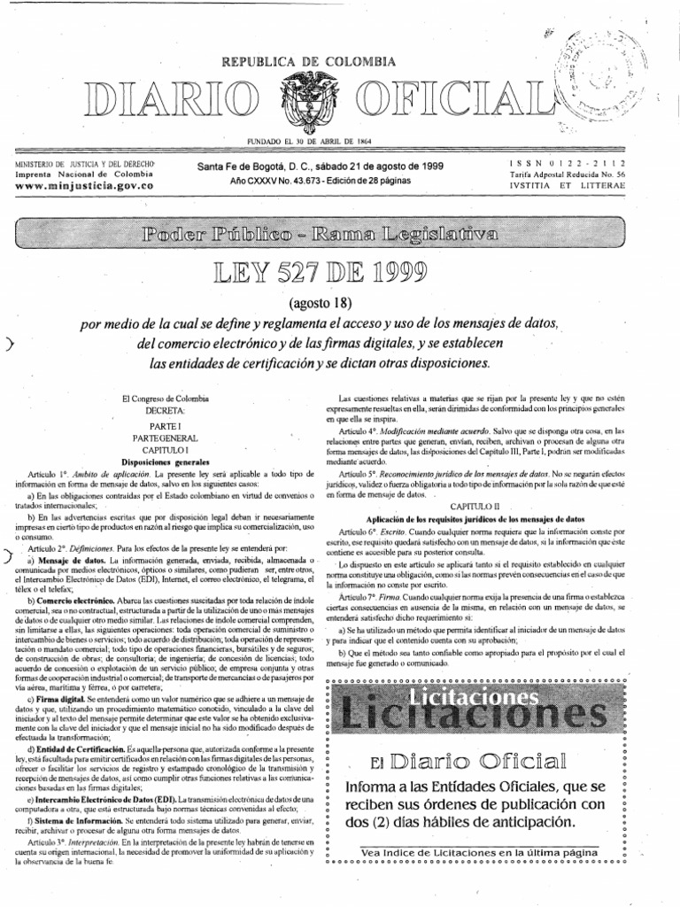 Ley 527 de 1999 (Reglamenta El Uso de Mensajes de Datos, Comercio Electrónico y Firmas Digitales ...