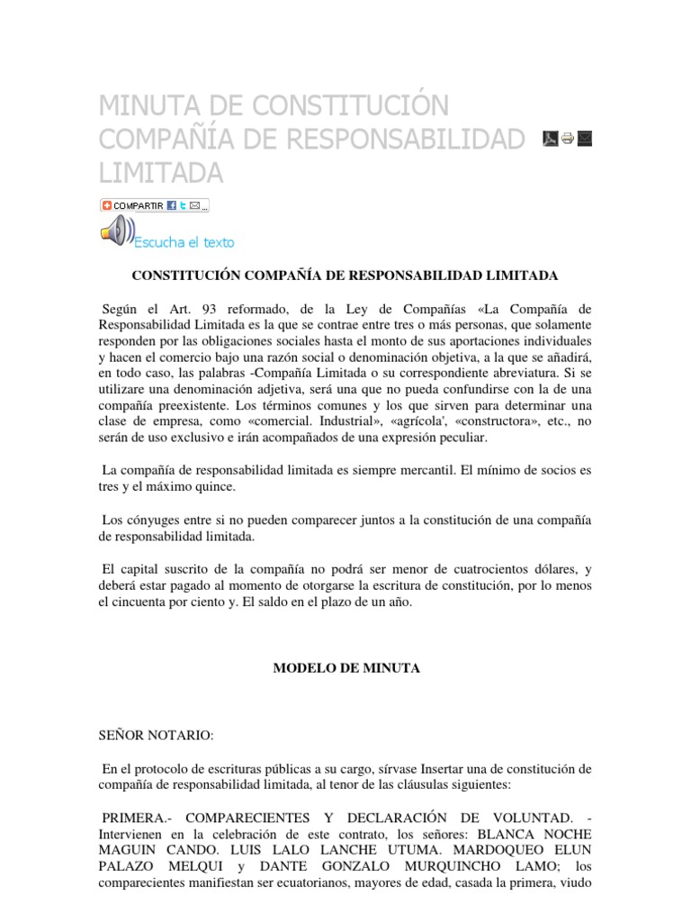 MINUTA DE CONSTITUCIÓN COMPAÑÍA DE RESPONSABILIDAD LIMITADA | Empresa de responsabilidad ...