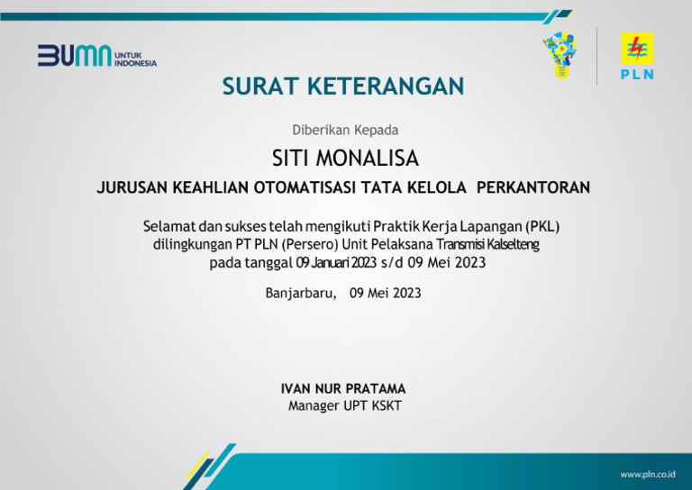 Contoh Sertifikat Magang Dari PLN | PDF