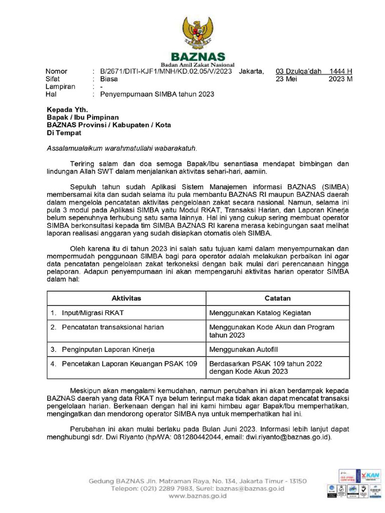 Surat Penyempurnaan SIMBA Tahun 2023 Signed MNH | PDF