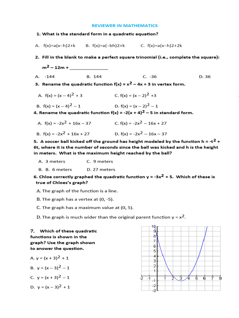 Quadratic Functions Review Quiz | PDF | Quadratic Equation | Discrete ...