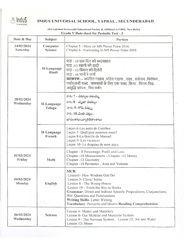 Grade 5 Date Sheet For Periodic Test 3 | PDF