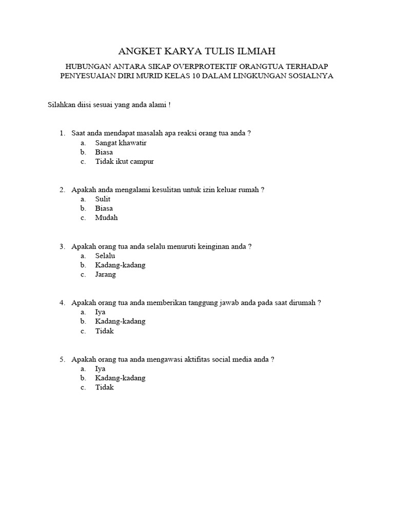 Angket Sikap Overprotektif Orang Tua | PDF