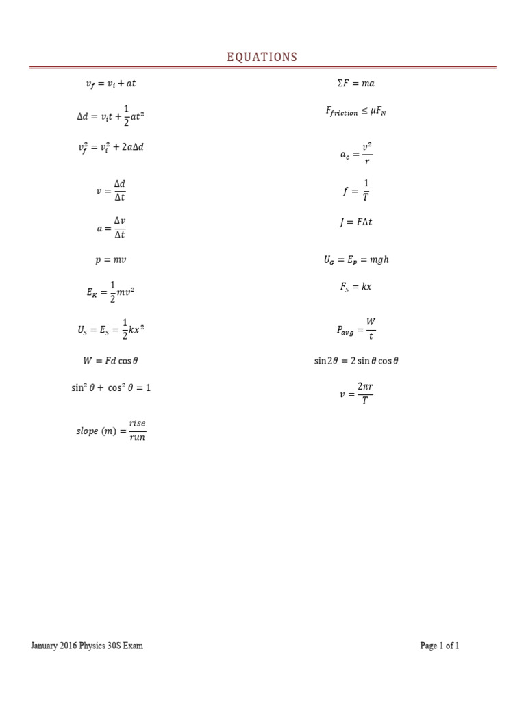 30s Physics Formula Sheet | PDF
