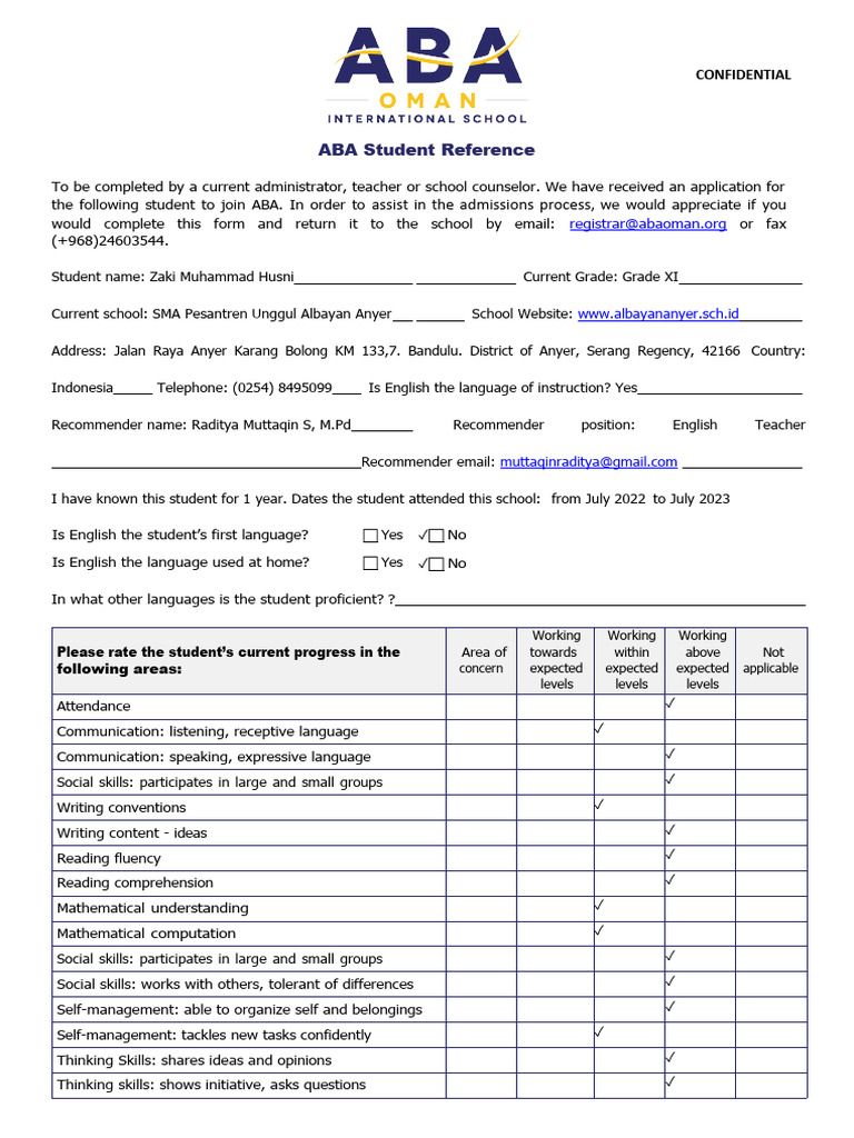ABA Confidential Student Recommendation - 230823 - 051441 | PDF | Educational Psychology ...