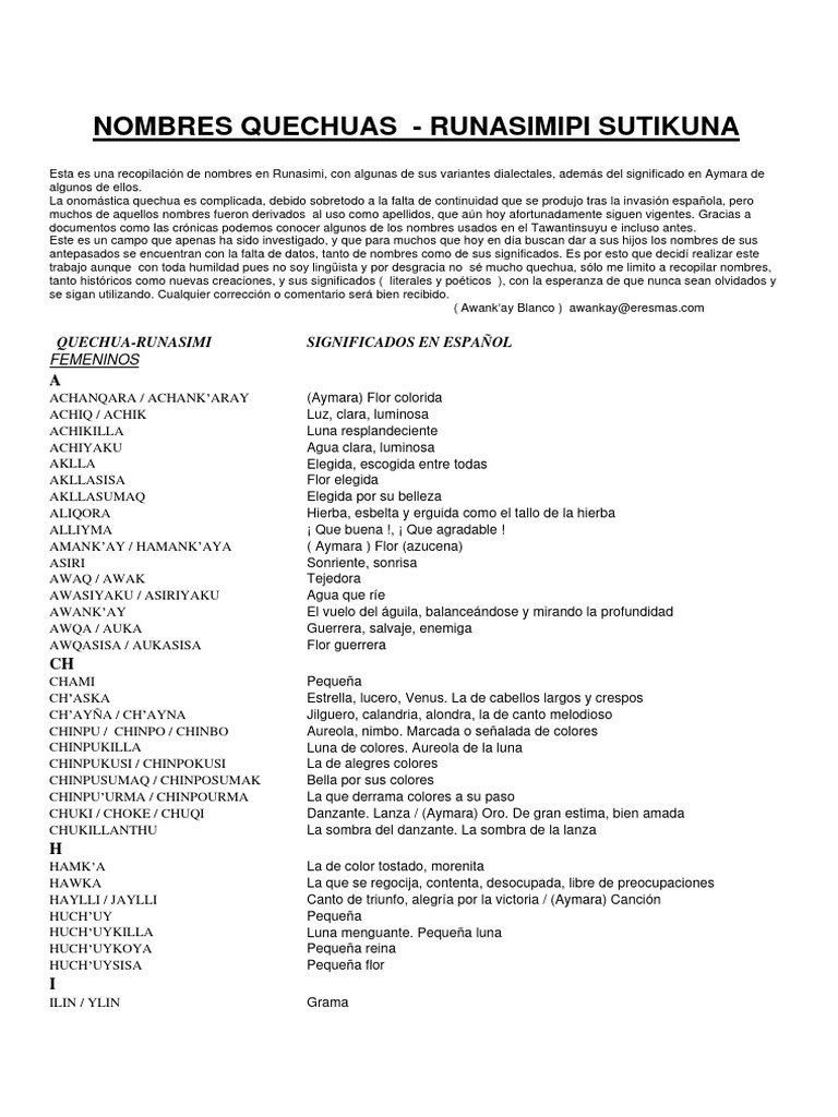 Nombres En Quechua | PDF