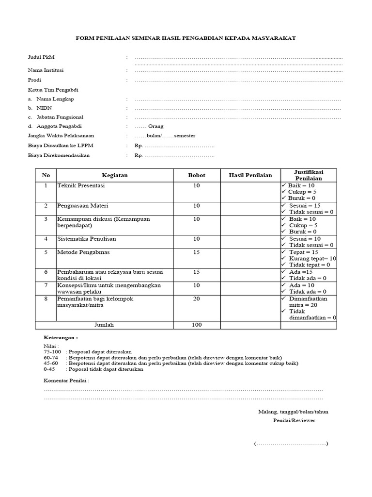 Form Penilaian Seminar PkM | PDF