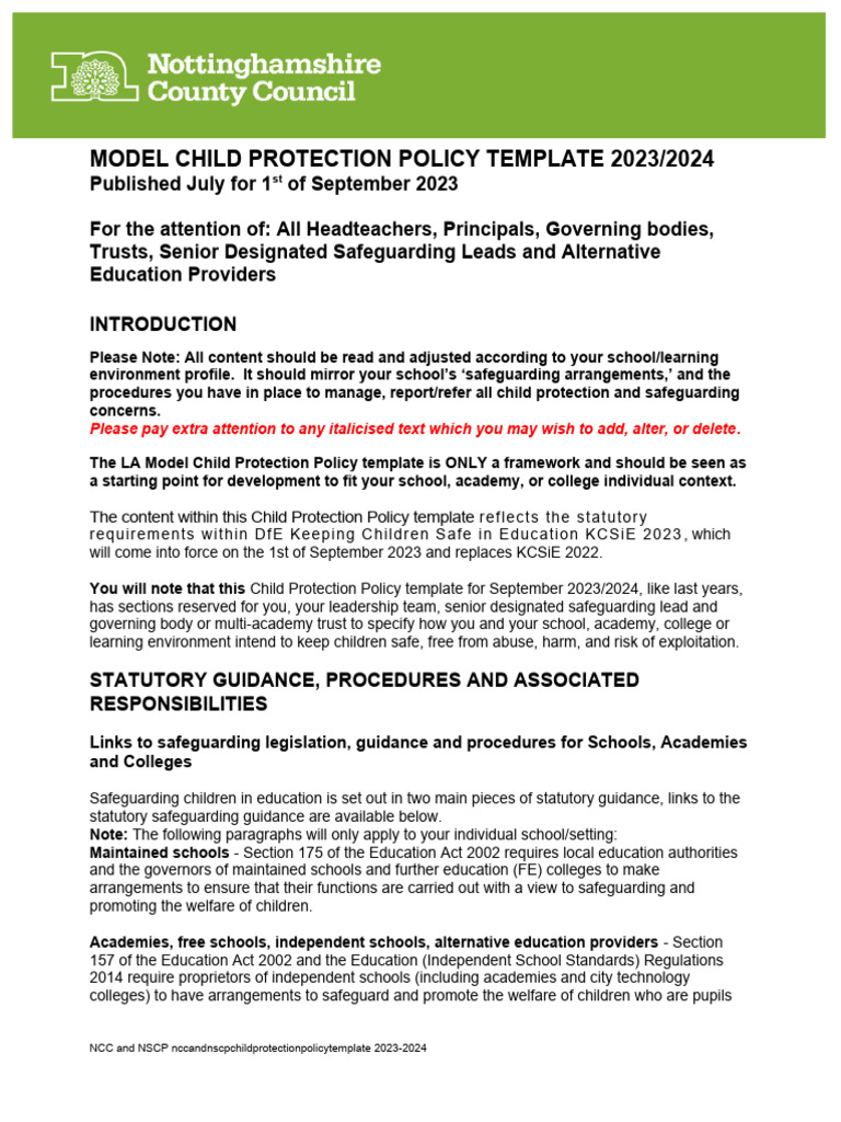 NCC and NSC P Child Protection Policy Template | PDF | Child Neglect | Child Protection