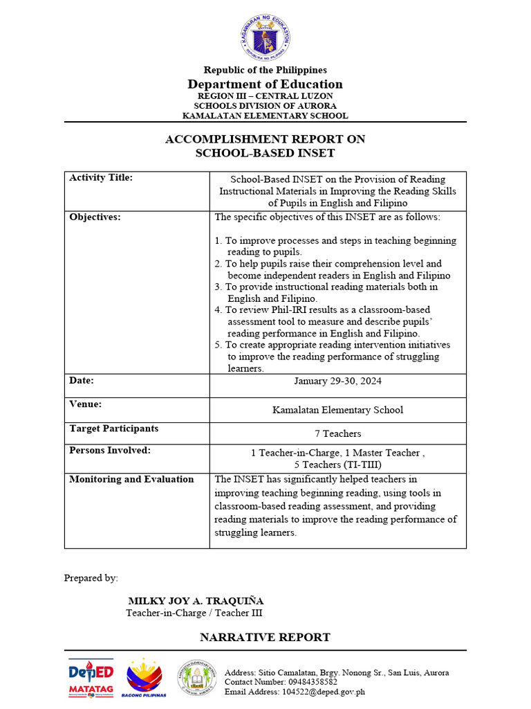 Accomplishment and Narrative Report On Inset | PDF | Reading ...