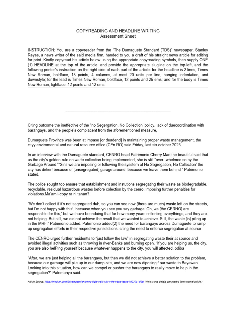 Assessment Copyreading (Eng Fil) | PDF | Waste | Pollution