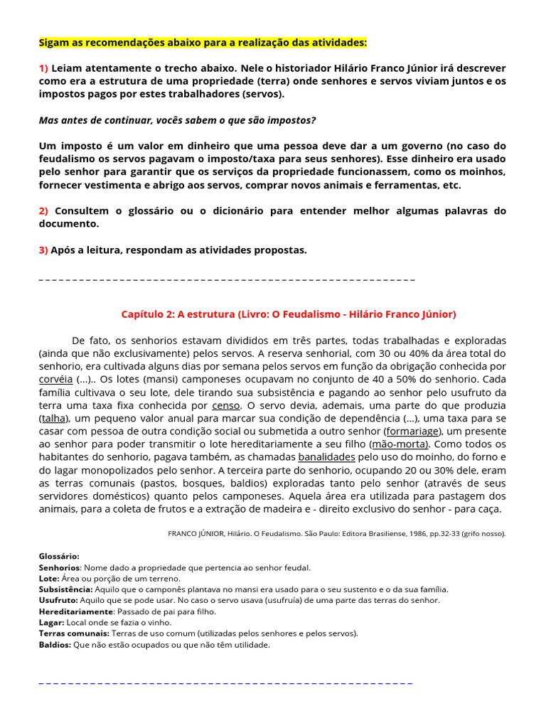 His6-16und02-Resolucao-Feudalismo - Texto e Exercicio | PDF | Servidão ...